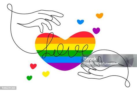 Lgbt 하트 플래그 무지개 한 라인 아트 손으로 그린 자부심 달 장식 연속 윤곽과 손 사람들의 권리 운동 다양성 사랑 시간 개요 디자인 편집 가능한 획 6월에 대한 스톡
