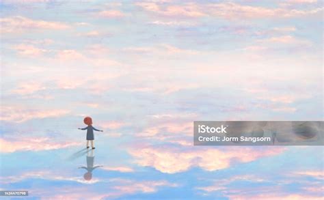 초현실적 인 하늘에서 외로운 소년 아이와 판타지 클라우드 상상력 꿈 삶 자유 희망 성장 행복 및 교육의 개념 아이디어 예술