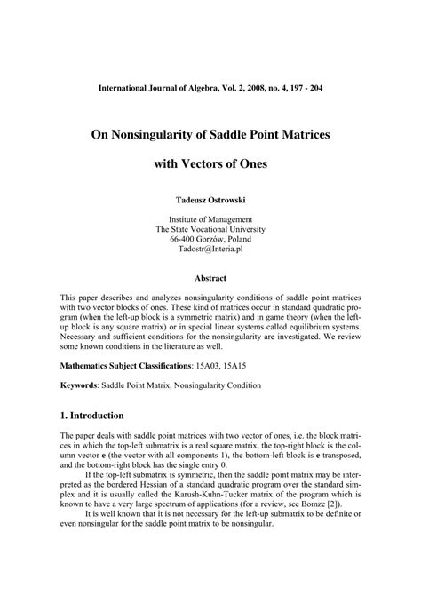 Pdf On Nonsingularity Of Saddle Point Matrices With Vectors Of Ones