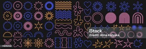 트렌디한 추상적인 획 모양 꽃 별 파도 심장 원 나선 복고풍 그루비한 미학 현대 90 년대2000 년대 스타일 포스터 디자인 스티커 요소 벡터 일러스트 레이 션입니다