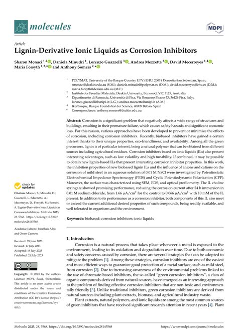 Pdf Lignin Derivative Ionic Liquids As Corrosion Inhibitors