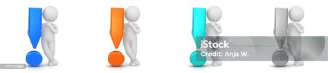 느낌표 아이콘 세트 3d 렌더 그래픽 멀티 컬러 블루 오렌지 실버 회색 경고 기호 기호 흰색 서 생각 스틱 그림 사람 흰색 배경에 고립 된 3차원 형태에 대한 스톡 사진 및