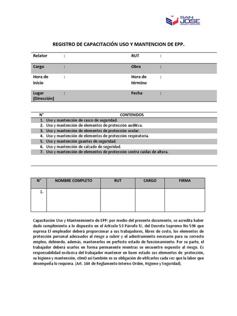 Registro De Capacitación Uso Y Mantencion De Epp Pdf