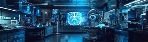 A Futuristic Laboratory With Glowing Screens And A Large Monitor Displaying A Complex Digital