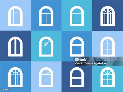 아치형 및 아치 창입니다 케이스 및 어닝 창 프레임 흰색 플랫 아이콘 세트입니다 벡터 일러스트레이션 0명에 대한 스톡 벡터 아트