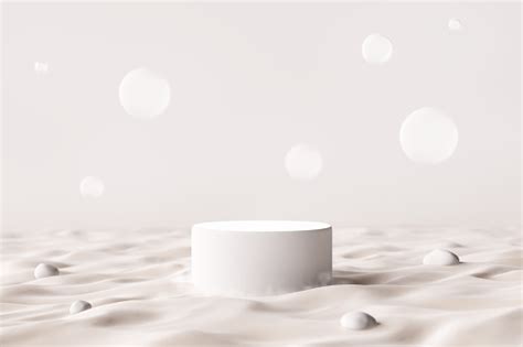 해변 또는 사막 제품 스탠드 연단 배경 거품은 안개 또는 안개 화장품 스킨케어 패션 광고 카운터 브랜드 원형 개념 표면 모래 디스플레이 흰색 최소한으로 떠 있습니다 3d
