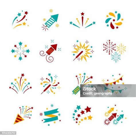 아이코 닉 축 하입니다 지뢰 별과 불꽃 아이콘 화려한 세트입니다 축제 및 이벤트 축 하 파티 벡터 일러스트 레이 터 계절에 대한 스톡 벡터 아트 및 기타 이미지 Istock