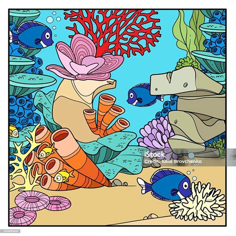 만화 수중 세계 산호 다른 유형 스폰지 및 말미잘과 색상 변화 흰색 배경에 고립 된 색칠 공부 페이지 귀여운에 대한 스톡 벡터 아트 및 기타 이미지 Istock