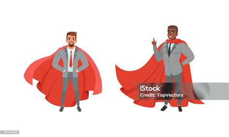 레드 케이프 세트의 슈퍼 히어로 사업가 성공적인 비즈니스 사람들 리더십 승리 개념 만화 벡터 일러스트 망토에 대한 스톡 벡터