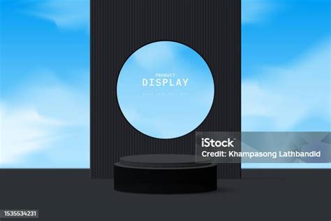 3d 푸른 하늘과 구름 배경 검은 색 3d 투명 유리 실린더 연단 받침대 또는 제품 디스플레이 스탠드 배경 중간에 원형 둥근 구멍이 있습니다 3d 기하학적 형태 디자인 0