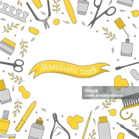 매니큐어 장비와 사각형 배경 가위 매니큐어 브러시 큐티클 집게 푸셔 포인트 펜 다양한 네일 아트 도구가손으로 그린 배너 다채로운 벡터 일러스트레이션 네일아트에 대한 스톡