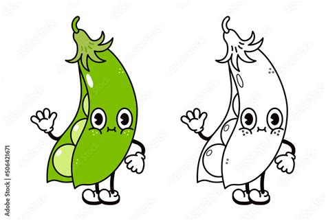 Cute Funny Peas Waving Hand Character Outline Cartoon Illustration For Coloring Book Vector