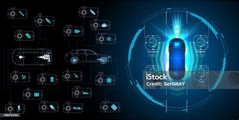 Hud Gui Ui 스타일의 자동차 인터페이스 자동차 감지 시스템 개념 자율 주행 자동차 드라이버 어시스턴트 시스템 레이저 레이다에 대한 스톡 벡터 아트 및 기타 이미지
