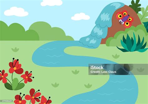 벡터 빈 자연 풍경 일러스트 레이 션 초원 숲 식물이 있는 귀여운 평면 풍경 야외 비행기 또는 녹지가 있는 개간 장면 강 폭포가 있는 아이들을 위한 공룡 배경 강에 대한