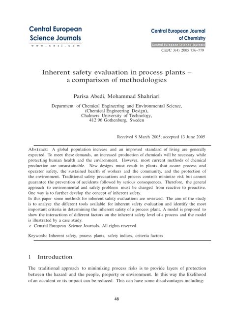 Pdf Inherent Safety Evaluation In Process Plants A Comparison Of Methodologies