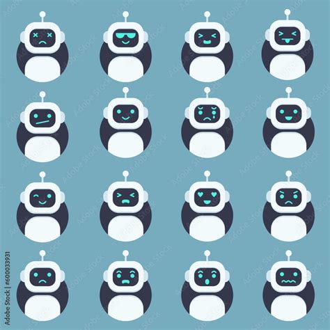 Cute Robot Head Avatar Set Chat Bot Emoticon With Different Faces For Sticker Graphic Design