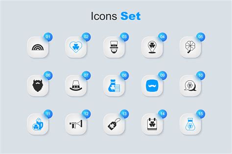 달력 레프리콘 모자 하트 클로버 트레포일 잎 맥주 한 잔 돈 가방 클로버 무지개 및 아이콘으로 성 패트릭의 날을 설정하세요 벡터 3에 대한 스톡 벡터 아트 및 기타 이미지