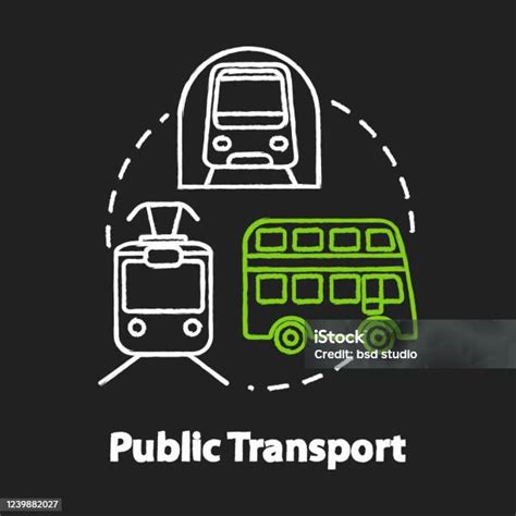 대중 교통 분필 Rgb 색상 개념 아이콘입니다 저렴한 여행 수단 저렴한 관광 아이디어 지하철 기차 버스 와 트램 벡터 검은 배경에 고립 된 칠판 그림 개념에 대한 스톡 벡터