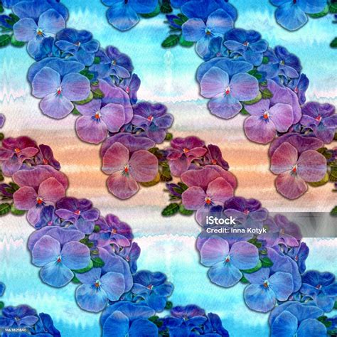 원활한 패턴입니다 팬지 꽃 제비꽃 수채화 배경에 새싹과 나뭇잎 꽃과 나뭇잎의 콜라주 인쇄물 표지판 물건 웹 사이트 지도를 사용하십시오 0명에 대한 스톡 벡터 아트 및 기타