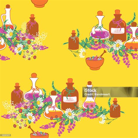 노란색 배경에 허브 병과 식물과 원활한 벡터 패턴 라벤더와 카모마일아테라피 벽지 디자인 헬스케어 패션 섬유 0명에 대한 스톡 벡터 아트 및 기타 이미지 Istock