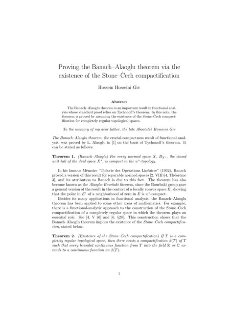 Pdf Proving The Banach Alaoglu Theorem Via The Existence Of The Stone Cech Compactification