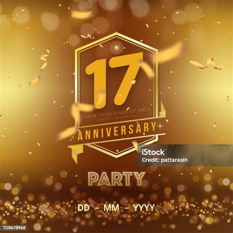 금 배경에 17 년 기념일 로고 템플릿입니다 17 축 하 하는 황금 번호 레드 리본 벡터 및 색종이 절연 디자인 요소 17세기에 대한 스톡 벡터 아트 및 기타 이미지