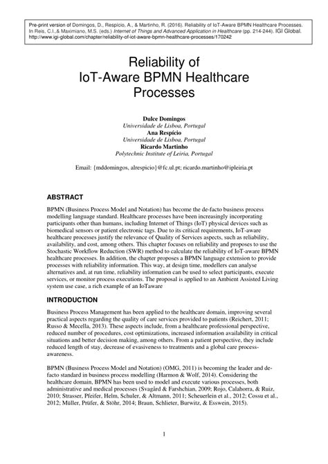 PDF Reliability Of IoT Aware BPMN Healthcare Processes