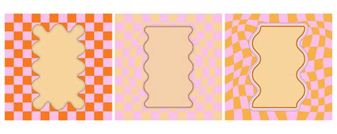 체크 무늬 배경에 물결 모양의 테두리가 있는 그루비한 프레임 사각형 Y2k 가리비 모양 사각형 사이키델릭 패턴 및 텍스트 상자 귀여운 90 년대 디자인 펑키 트렌디 한