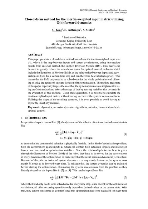 Pdf Closed Form Method For The Inertia Weighted Input Matrix