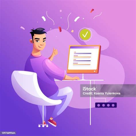 프로그래머는 작업을 완료하고 코드를 작성했습니다 프로그래밍 및 코딩 기술 개발 코드가 있는 화면 작업을 수행하는 개발자입니다 격리된 벡터 일러스트레이션 개발에 대한 스톡