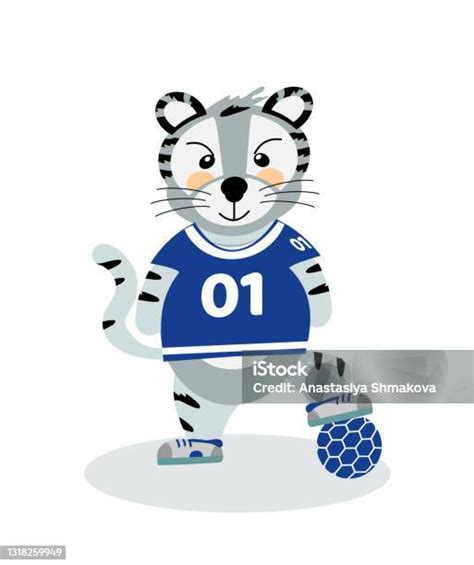 2022년의 상징인 스포츠 유니폼을 입은 쾌활한 줄무늬 호랑이 축구 선수 손으로 그려진 흰색 배경에 격리된 벡터 그림입니다 어린이 용 티셔츠 엽서 포스터 스티커 인쇄용