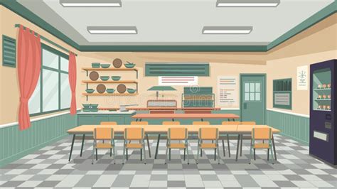 Modern Classroom Interior With Tables And Vending Machine Design Stock