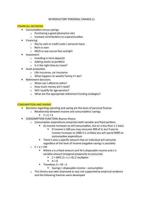 Finance Lecture Notes INTRODUCTORY PERSONAL FINANCE L FINANCIAL DECISIONS Consumption Versus