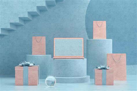 파란색 배경에 쇼핑 백 최소한의 디자인과 빈 화면 노트북 0명에 대한 스톡 사진 및 기타 이미지 0명 3차원 형태 가방 Istock