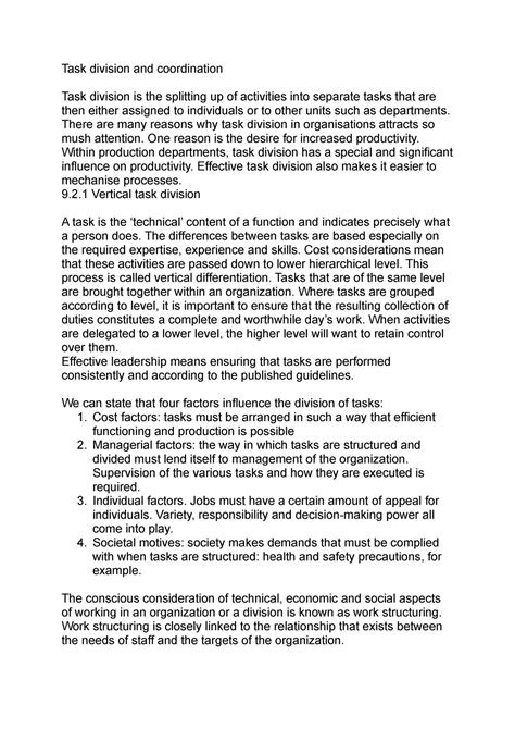 Task Division And Coordination There Are Many Reasons Why Task Division In Organisations