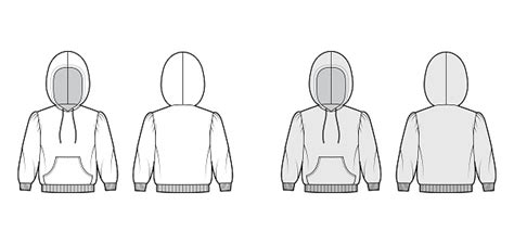 팔꿈치 소매 릴렉스 바디 캥거루 파우치 니트 리브 커프 드로스트링이 있는 후드 스웨트셔츠 테크니컬 패션 일러스트 0명에 대한 스톡 벡터 아트 및 기타 이미지 Istock