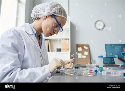 Side View Portrait Female Lab Technician Doing Experiments In Medical
