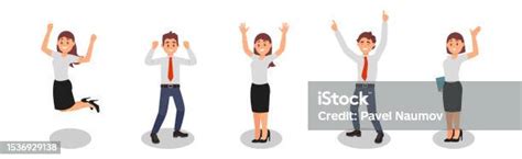 빨간 넥타이와 정장을 입고 웃고 있는 남자와 여자 회사원이 성공을 즐기고 벡터 일러스트레이션 세트를 응원한다 감정에 대한 스톡 벡터 아트 및 기타 이미지 Istock