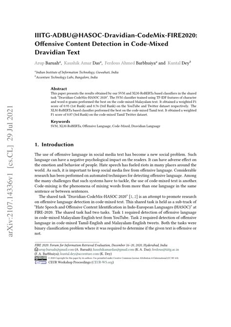 Pdf Iiitg Adbuhasoc Dravidian Codemix Fire2020 Offensive Content Detection In Code Mixed