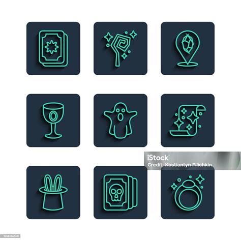 마술사 모자와 토끼 귀 타로 카드 돌 반지 유령 중세 잔 및 스크롤 아이콘을 설정합니다 벡터 결정체에 대한 스톡 벡터 아트 및 기타 이미지 Istock