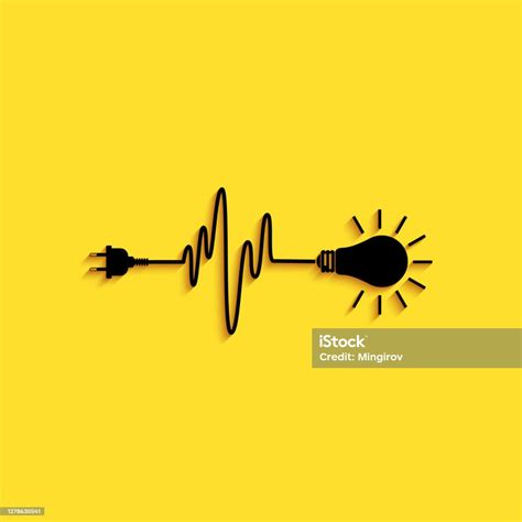 노란색 배경에 격리된 블랙 와이어 플러그 및 전구 아이콘입니다 하트 비트의 형태로 플러그 램프 및 코드를 연결합니다 전기 및