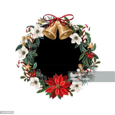 พวงหรีดคริสต์มาสที่มีพืชพฤกษศาสตร์ดอกไม้และระฆังแยก พิมพ์สิ่งทอหรือวอลล์เปเปอร์ ภาพประกอบสต็อก