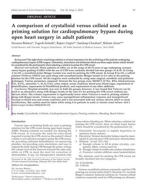 Pdf A Comparison Of Crystalloid Versus Colloid Used As Priming Solution For Cardiopulmonary