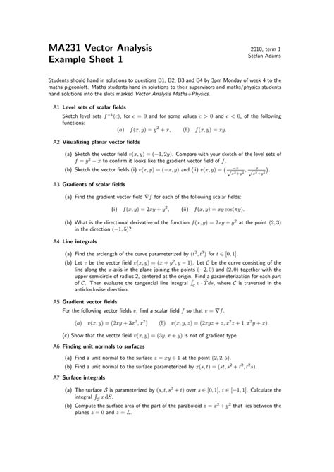 Ma231 Vector Analysis Example Sheet 1
