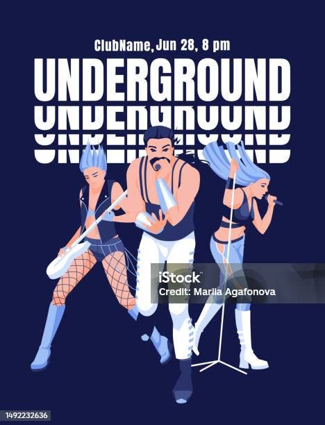 음악 록 밴드 텍스트 포스터 디자인입니다 큰 글꼴과 어두운 배경에 세 명의 음악가 추상적인 디자인 벡터 플랫 그림 Performance Group에 대한 스톡 벡터 아트 및