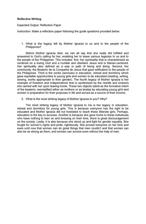 Reflective Writing Reflective Writing Expected Output Reflection Paper Instruction Make A