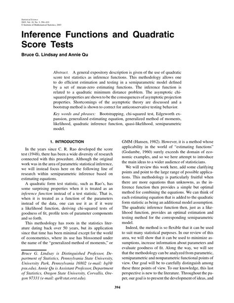 Pdf Inference Functions And Quadratic Score Tests