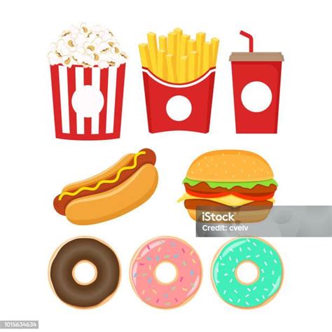 패스트 푸드 아이콘 설정합니다 햄버거 팝콘 감자 튀김 탄산 음료 도넛 핫도그 화려한 만화 세트 핫도그에 대한 스톡 벡터 아트 및