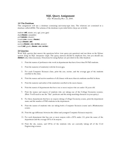 Sql Query Assignment 10 The Database Pdf Sql Grading Education