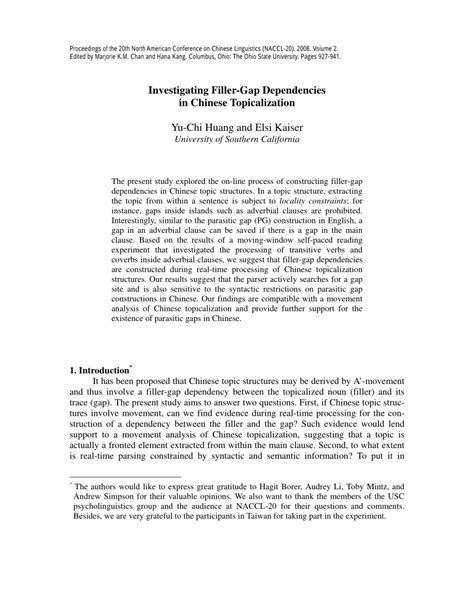 Pdf Investigating Filler Gap Dependencies In Chinese Topicalization